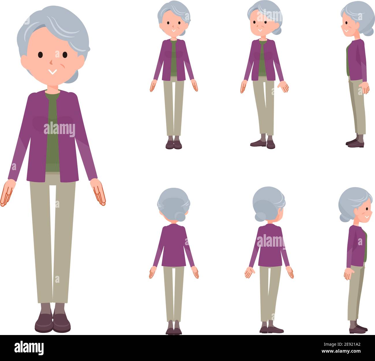 A set of senior women standing.Front, side and back angles.It's vector ...