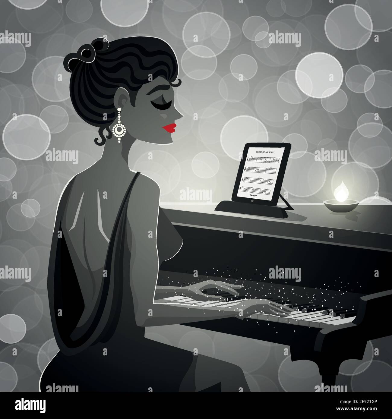 Black retro illustration depicting woman in evening dress at the piano ...
