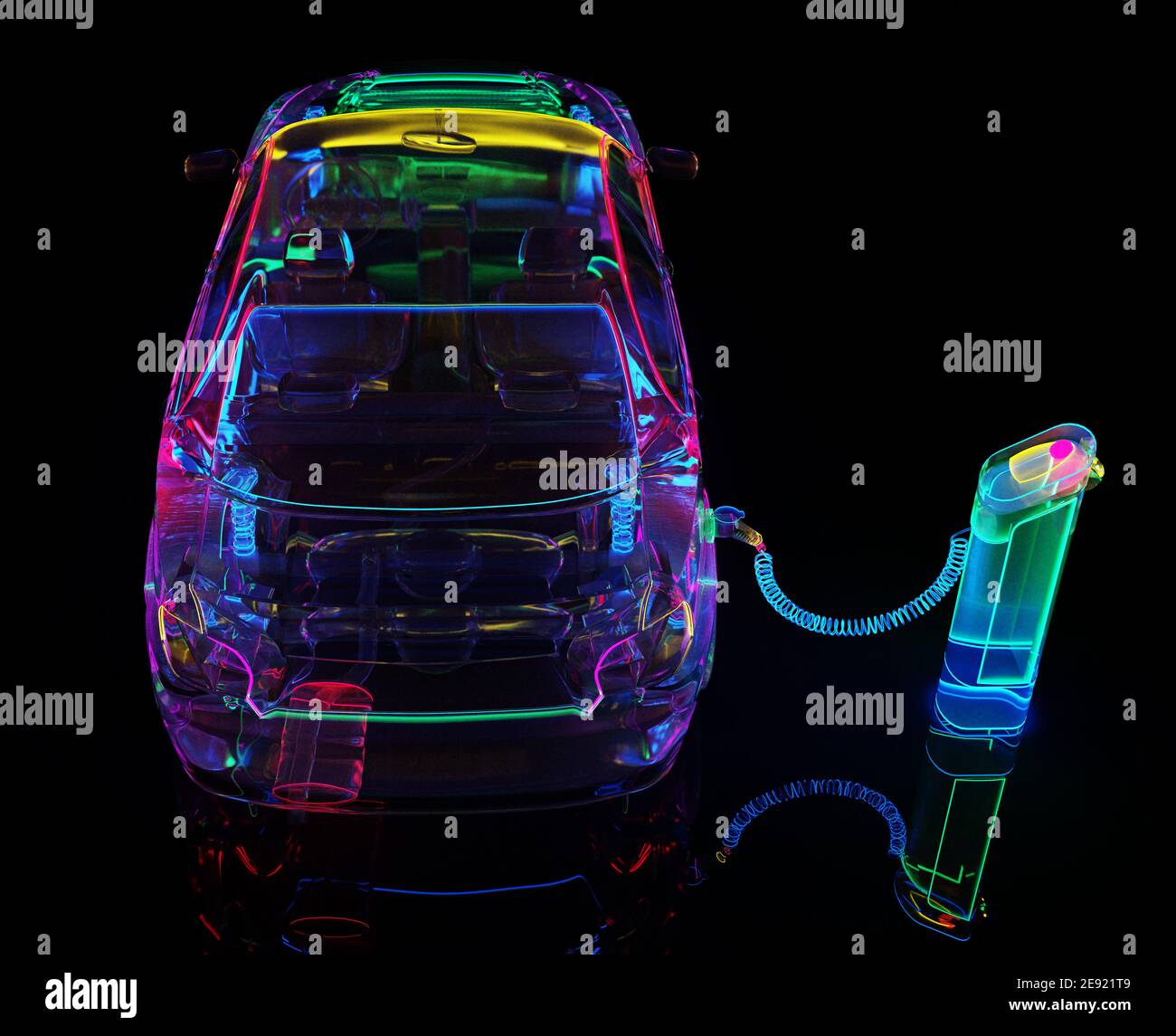 Charging modern electic car. Glass car with neon lighting Stock Photo ...