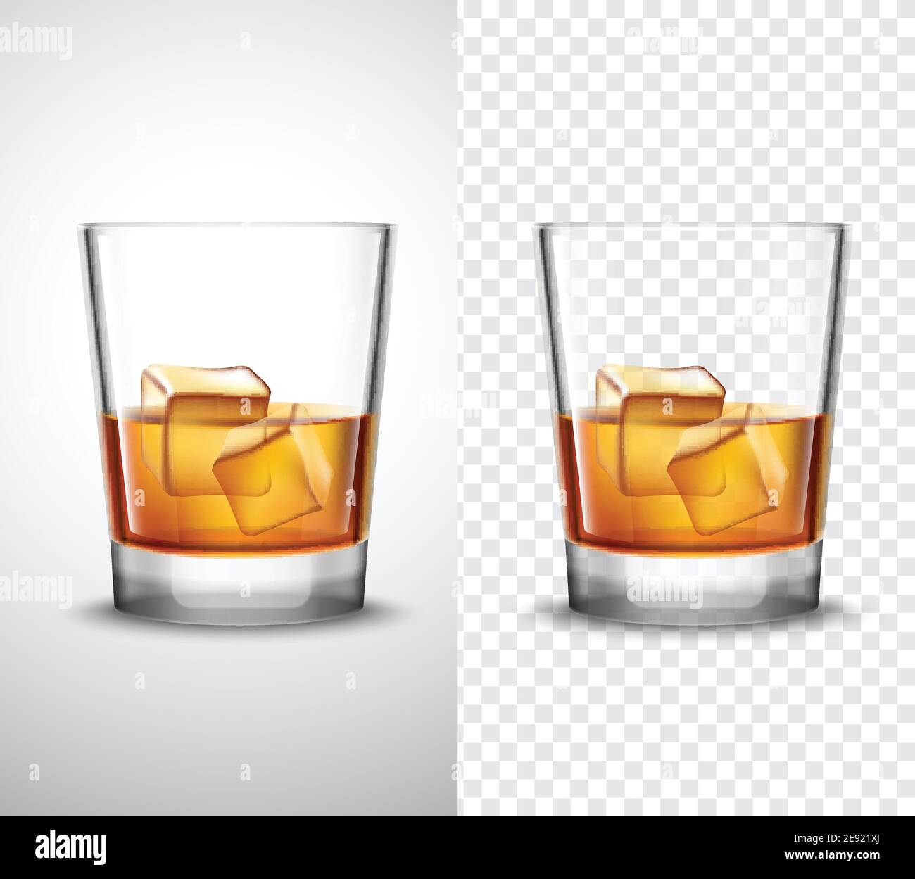 Scotch whisky glasses set with alcohol and ice cubes 2 realistic ...