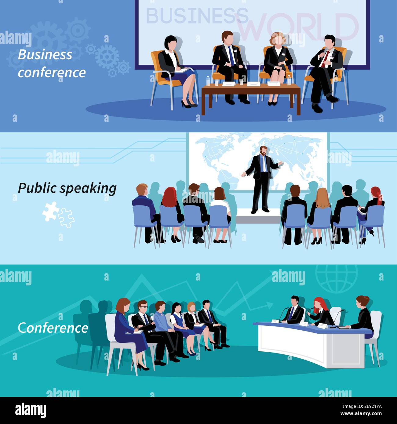 Business conference public speaking 3 flat horizontal vectors set with ...