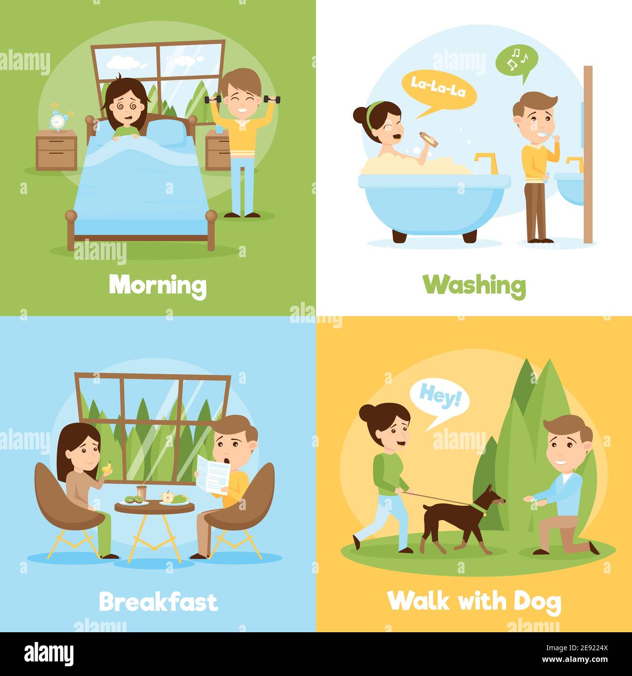 Cartoon style 2x2 compositions of people daily life presenting morning ...