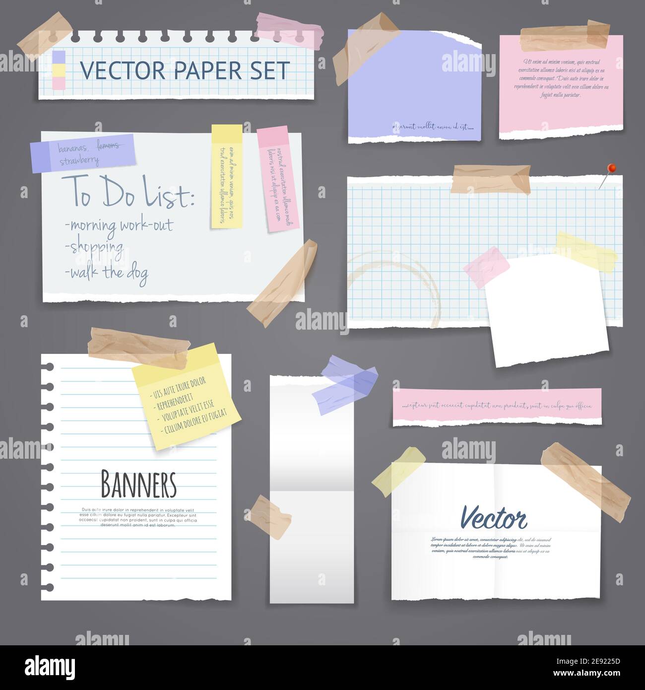Paper banners with notes set attached with sticky colorful tape on grey ...