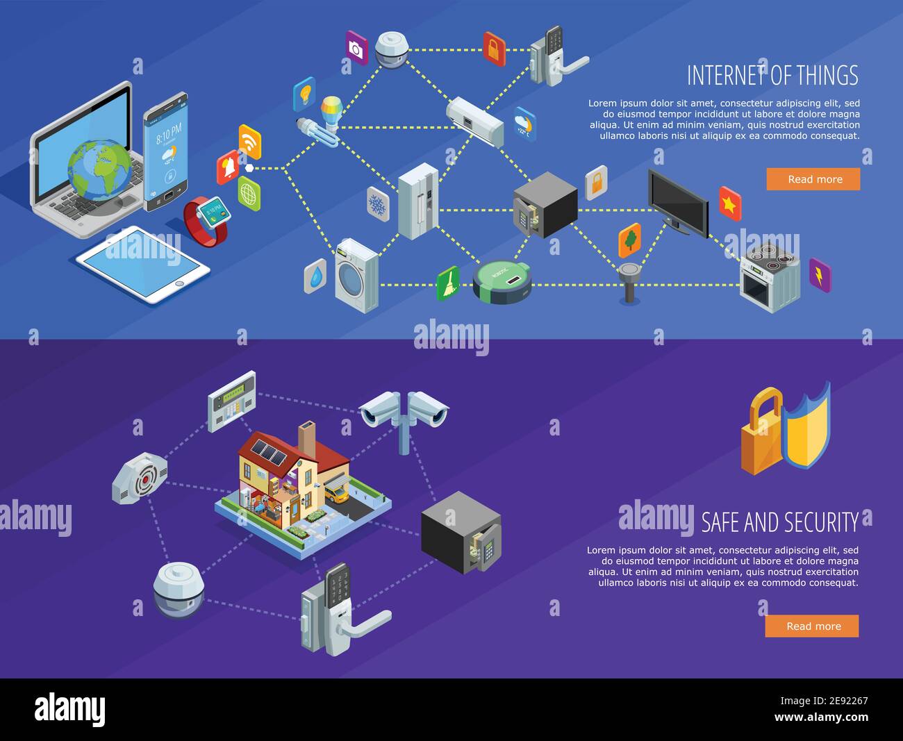 Internet of things home comfort and safety remote control 2 isometric banners webpage design ...