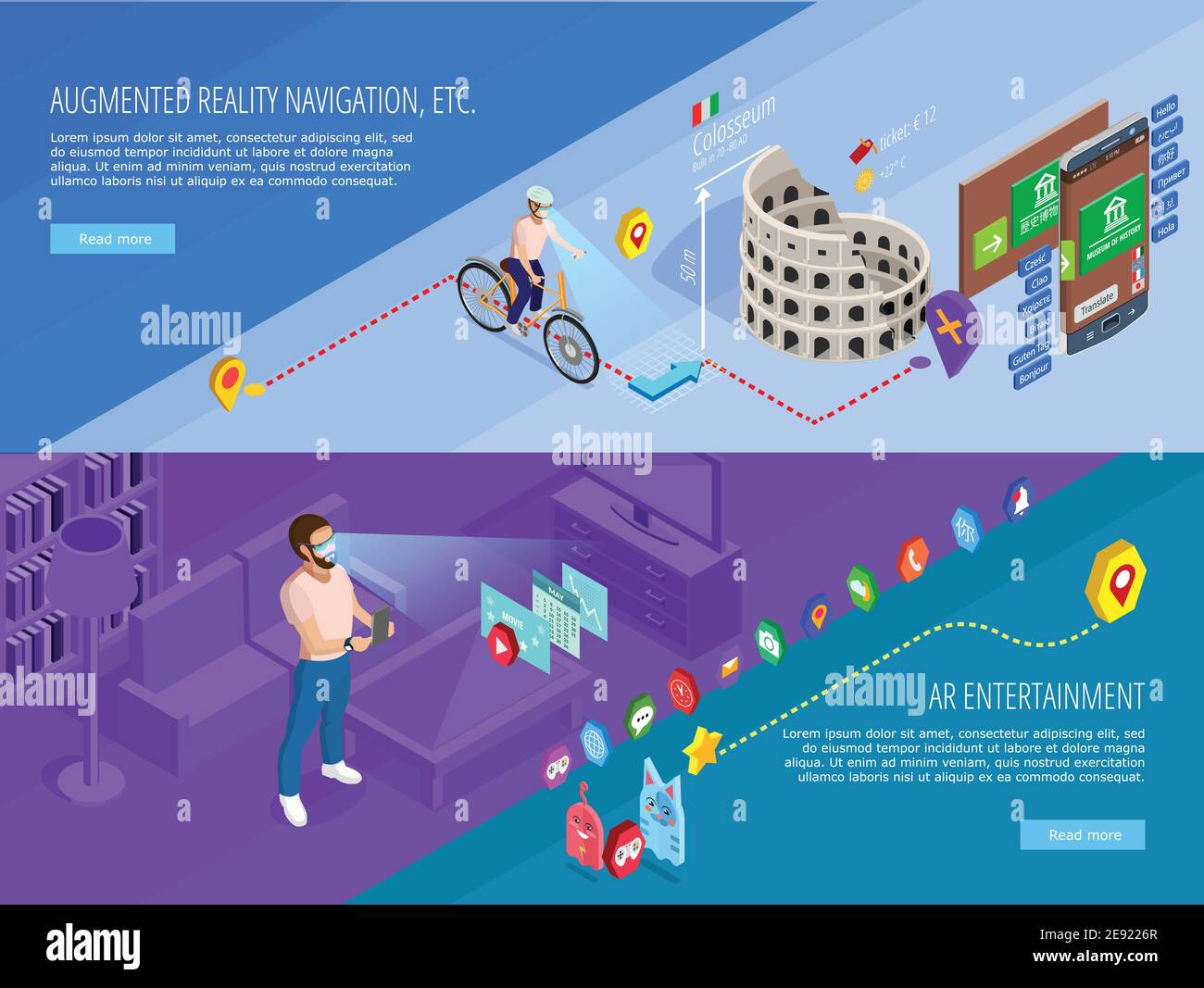 Augmented reality navigation entertainment 2 horizontal isometric banners webpage design with ...
