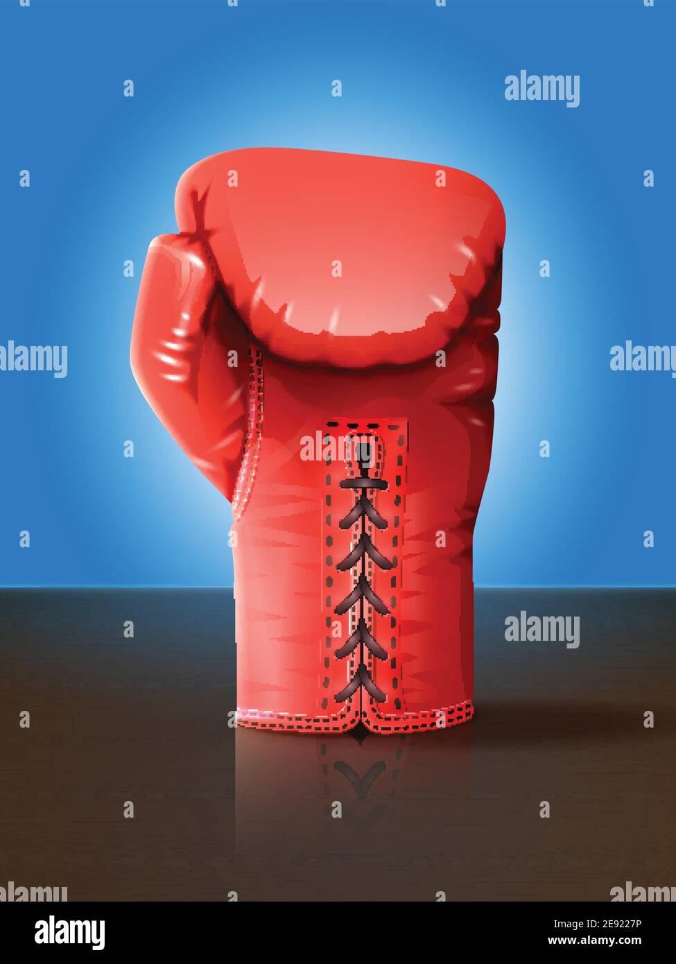 Realistic red leather boxing glove on wooden table vector illustration ...