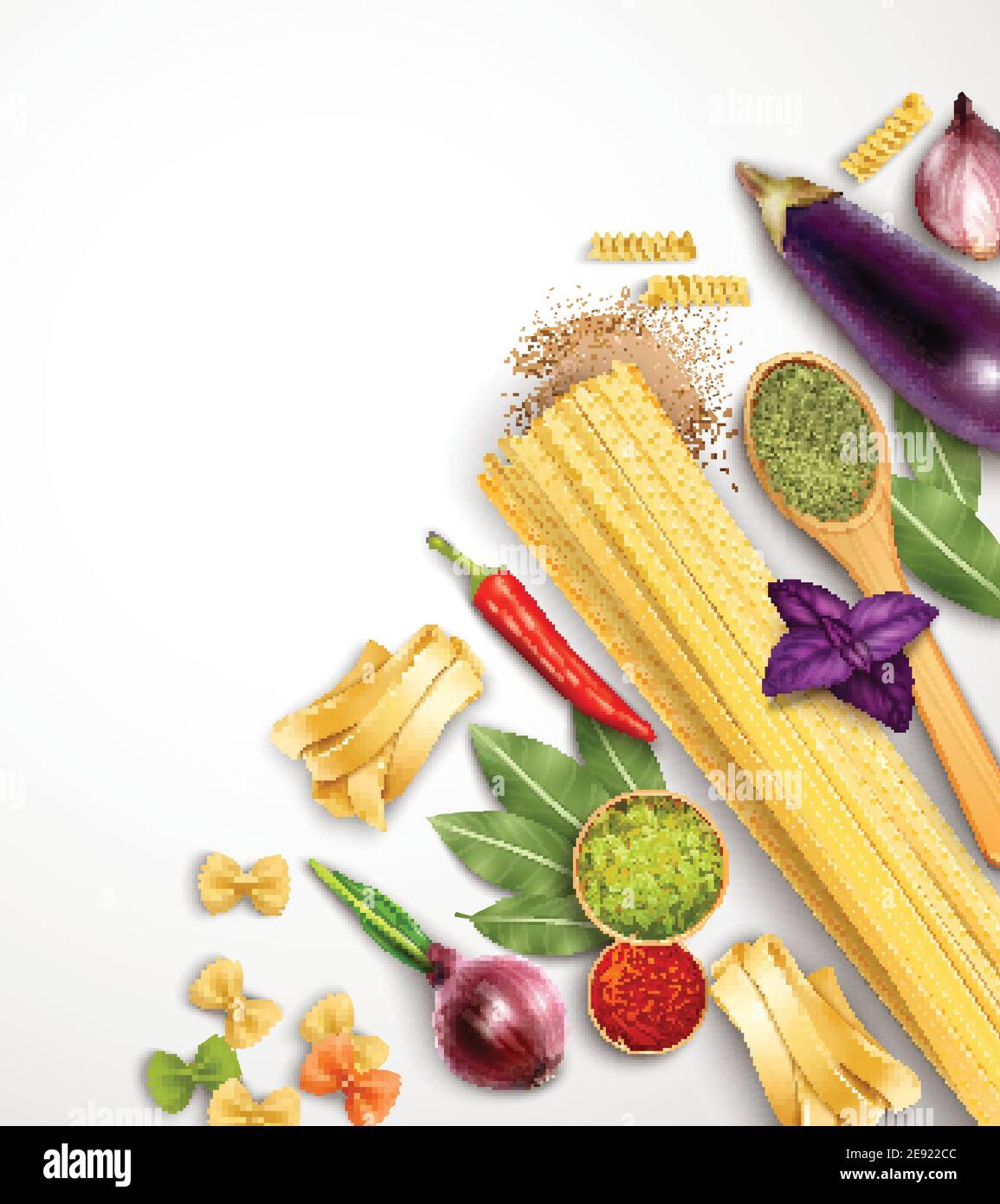 Realistic pasta template with ingredients and products for its cooking ...