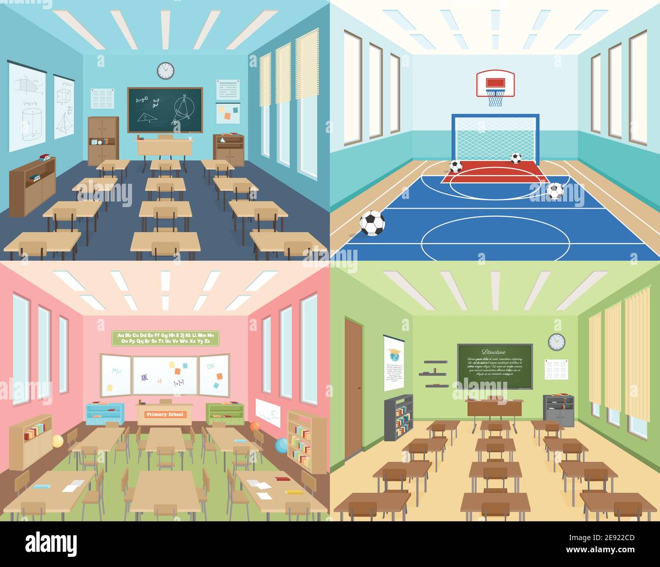 Isometric school 2x2 compositions presenting different classrooms for ...