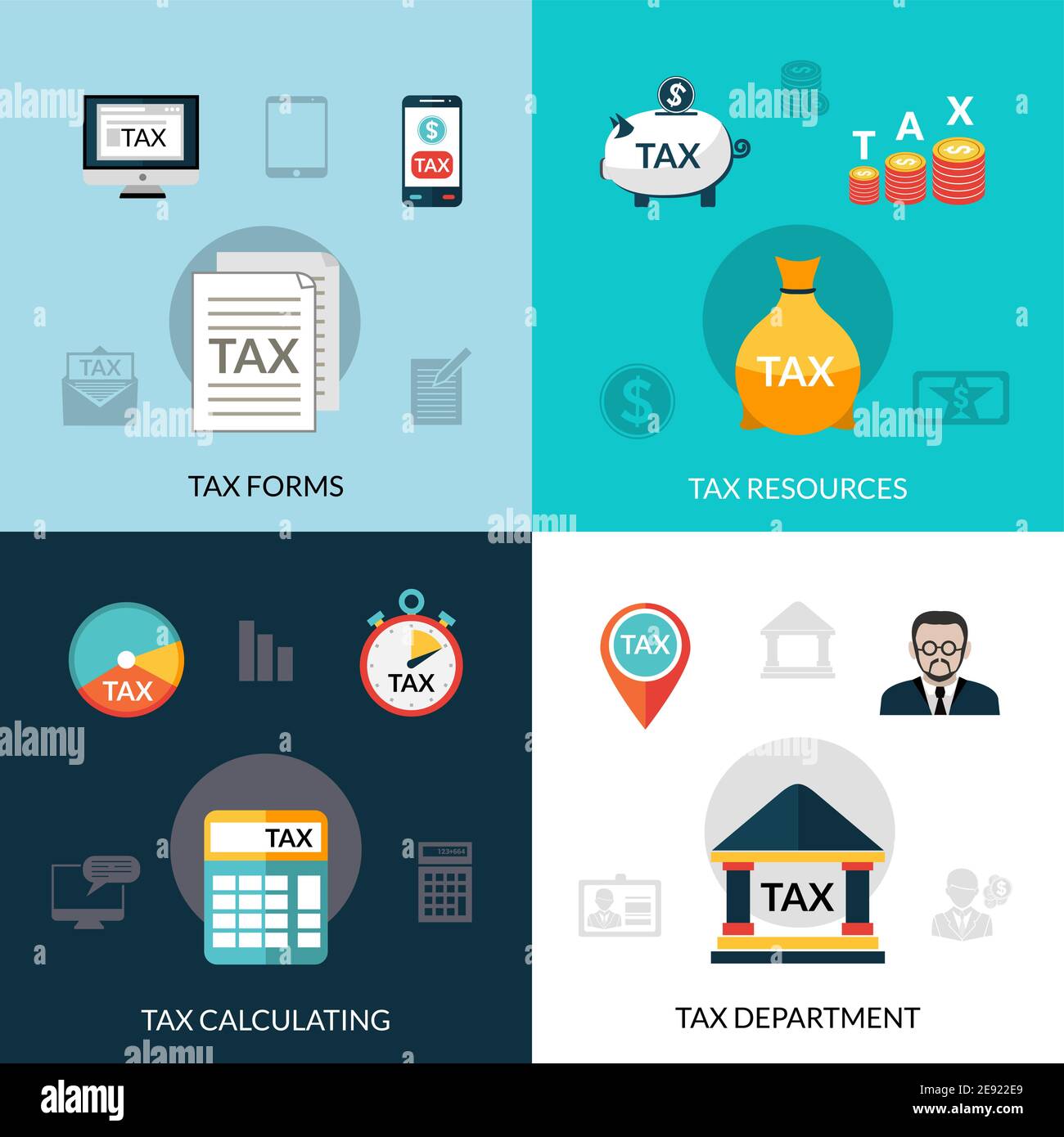 Tax design concept set with forms resources calculating flat icons ...