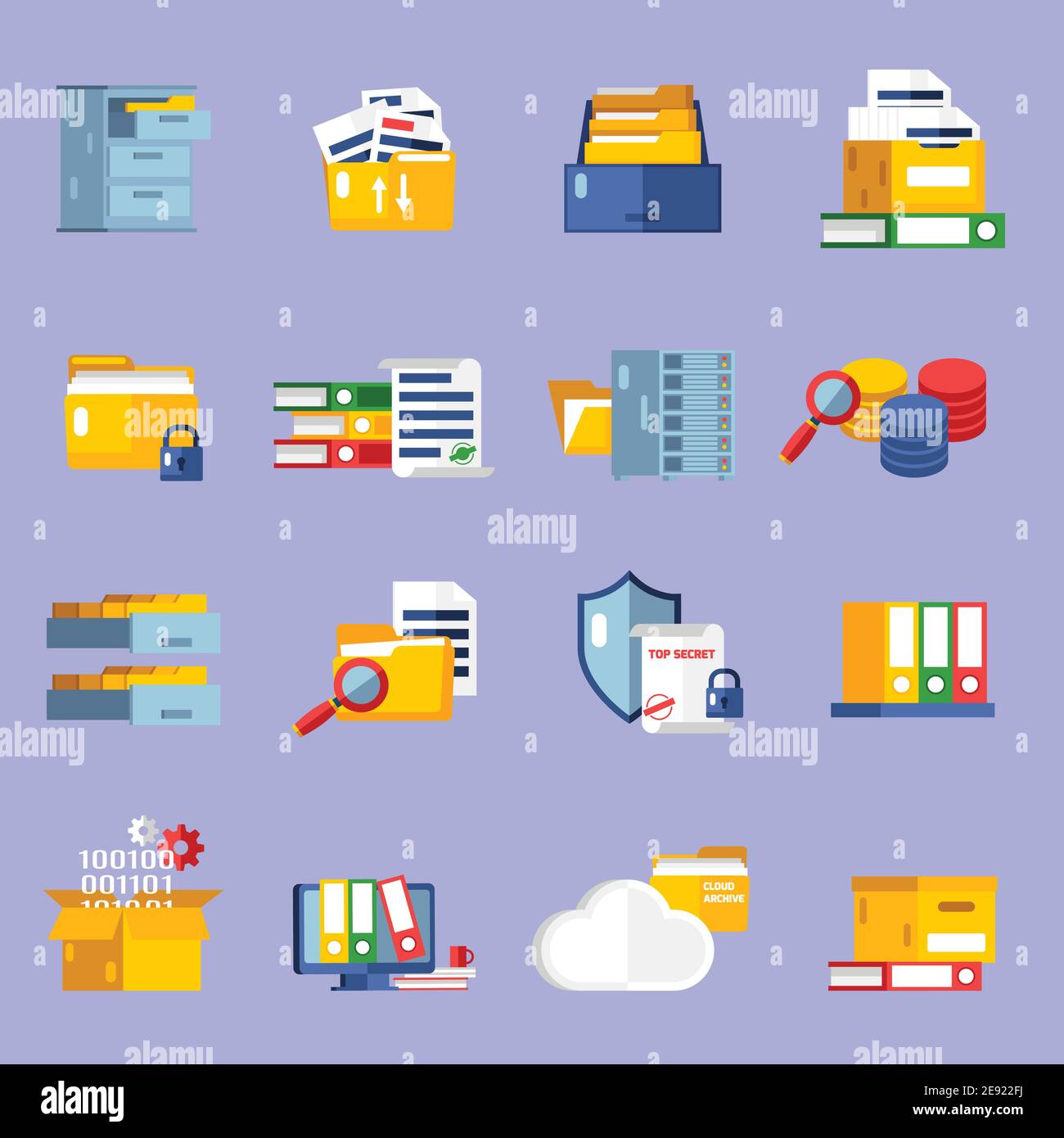 Archive icons set with information storage symbols flat isolated vector ...