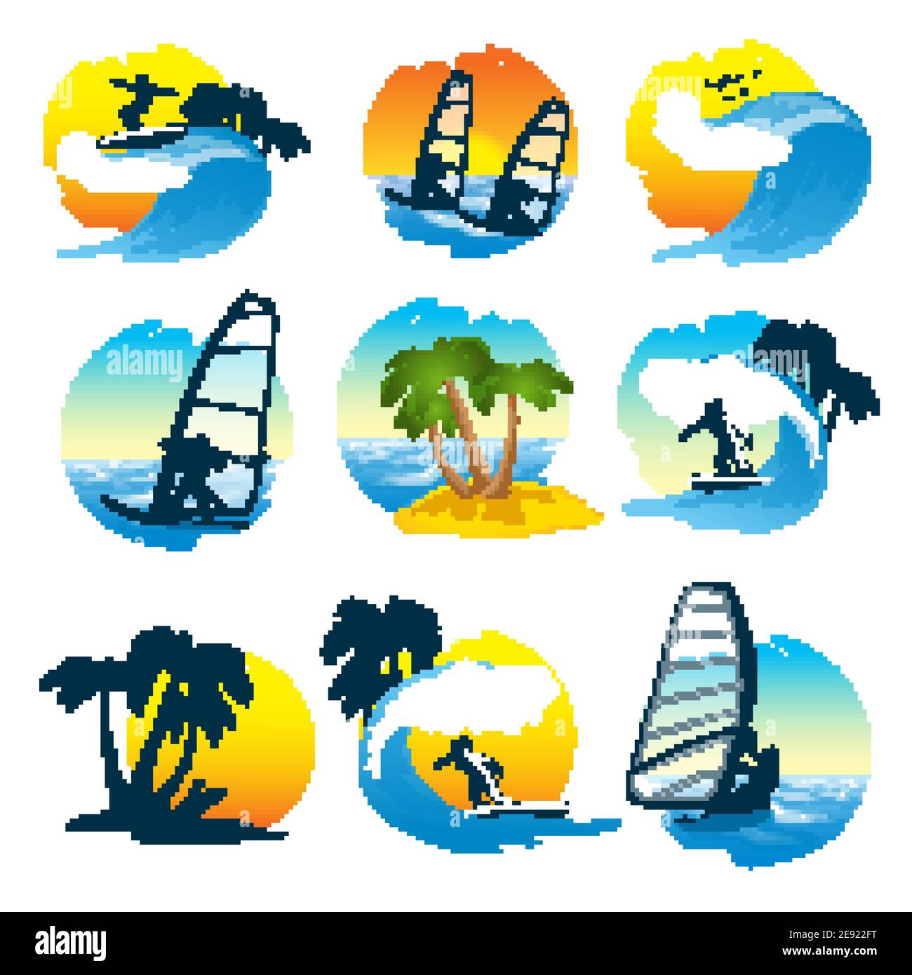 Surfing icons set with sun beach and people on the wave isolated vector ...