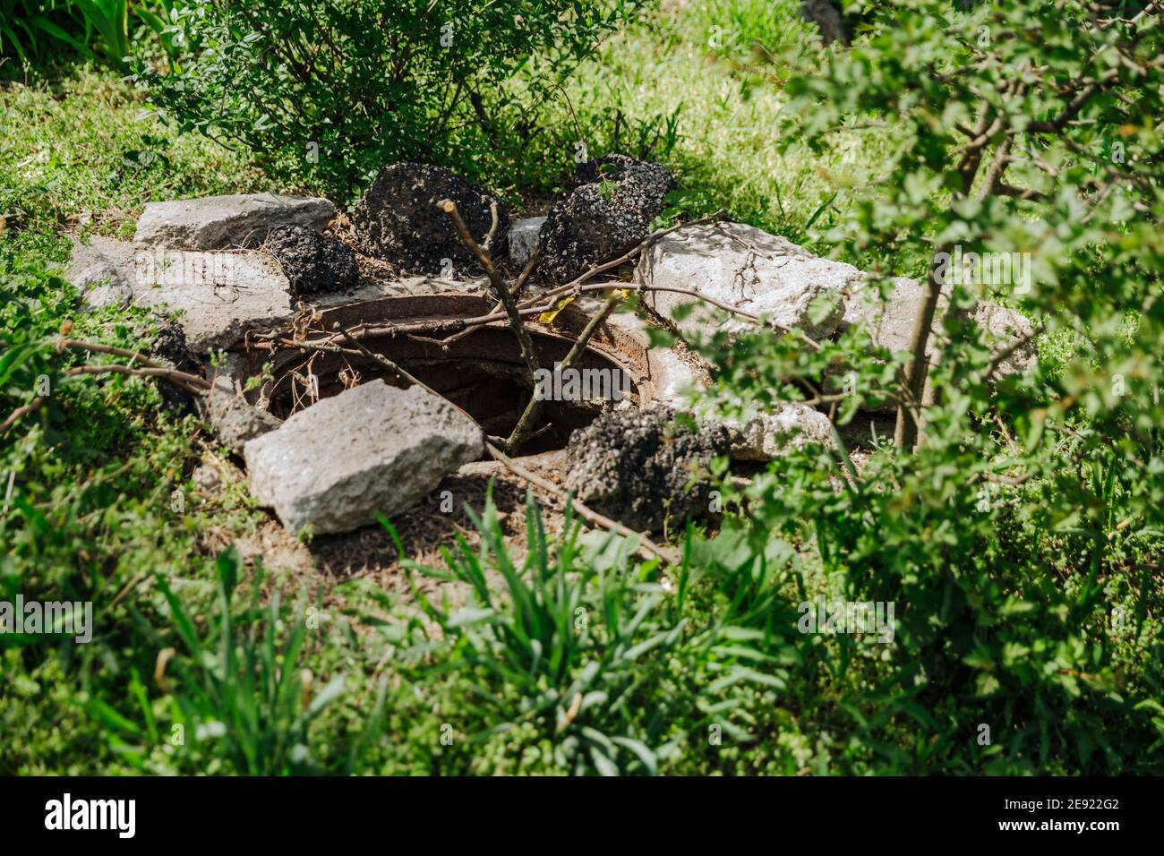 A deep, old, uncovered manhole is dangerous for pedestrians and animals ...
