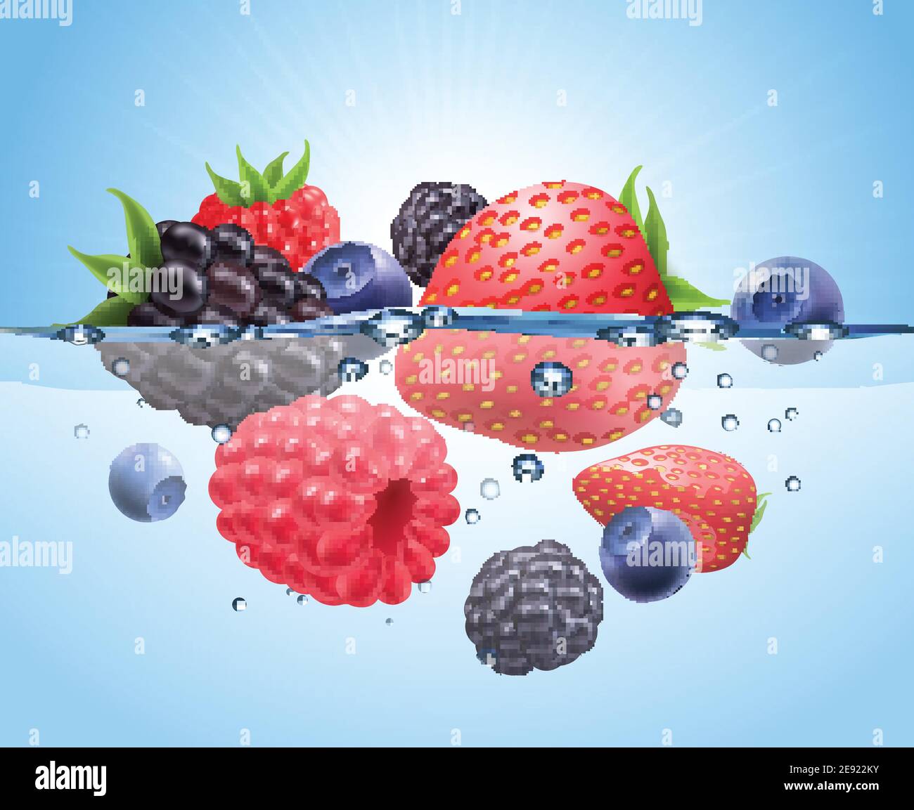Berries in water realistic composition with strawberry blueberry and ...