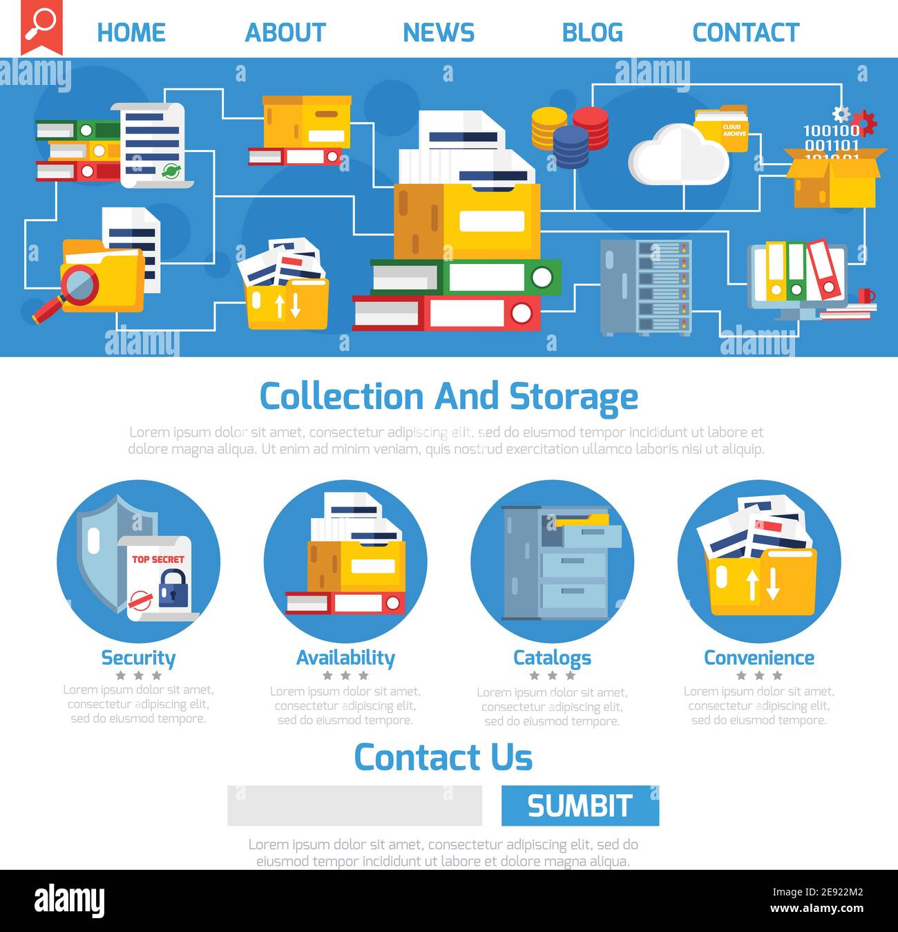 Archive page design with collection and storage symbols flat vector ...