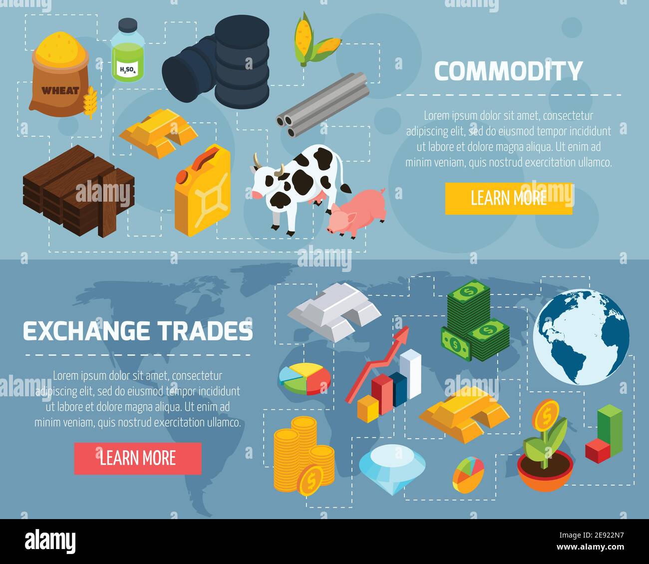 Commodity horizontal banners set with exchange trade symbols isometric ...