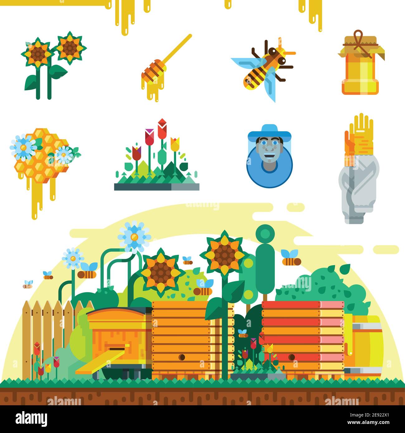 Apiary icons set with bee honey beekeeper honeycomb hive pail and ...