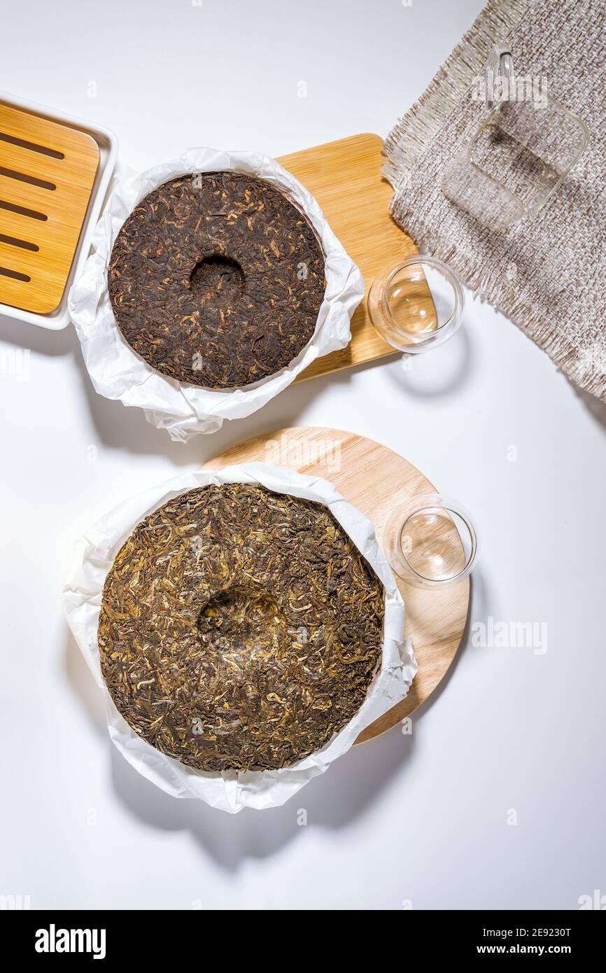 Chinese Tea Shu Shen Puer. Close-up. Pressed Tea. top view flat lay ...