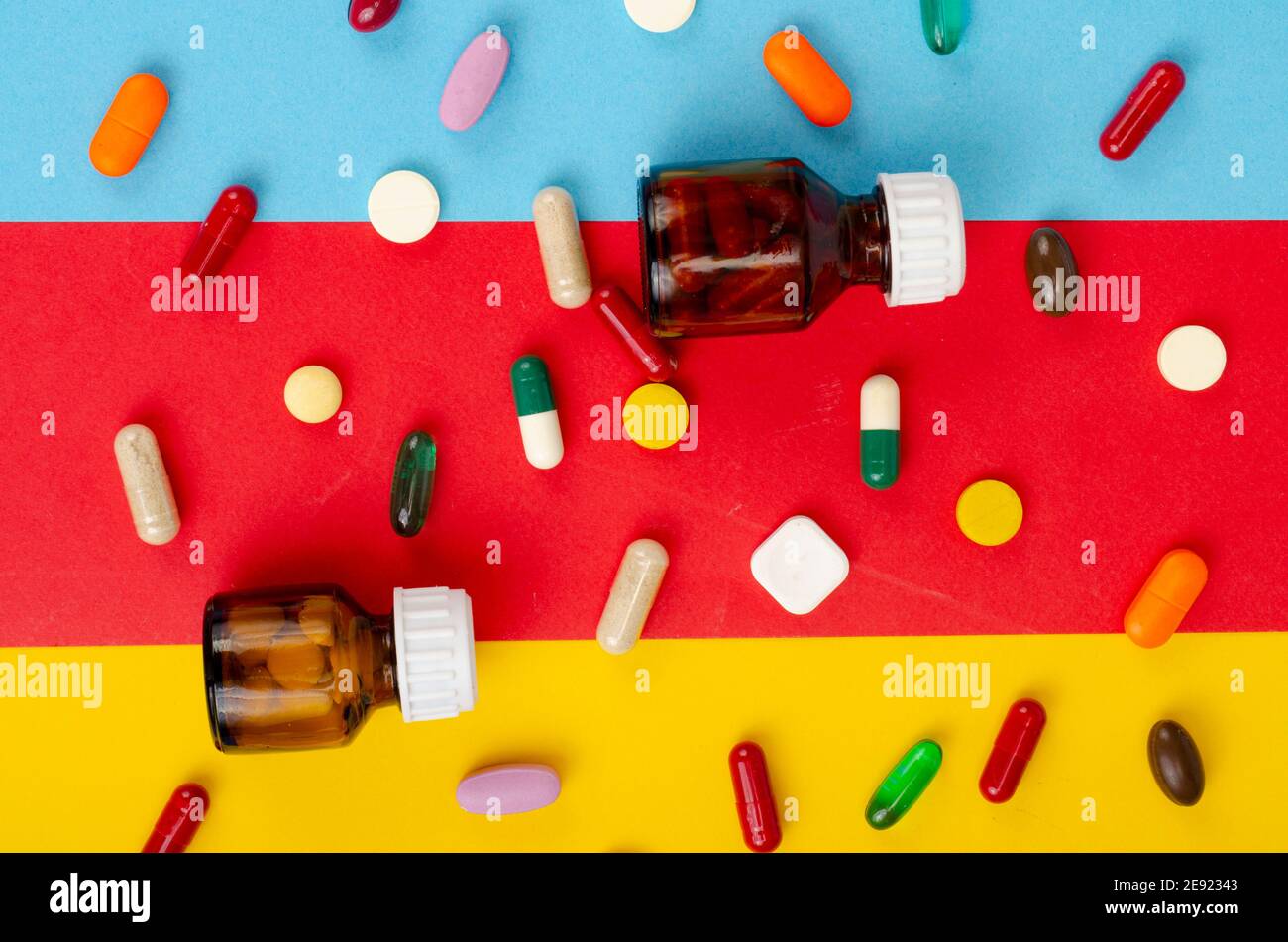 Disease and treatment. Medicine concept. Medication and packaging on ...