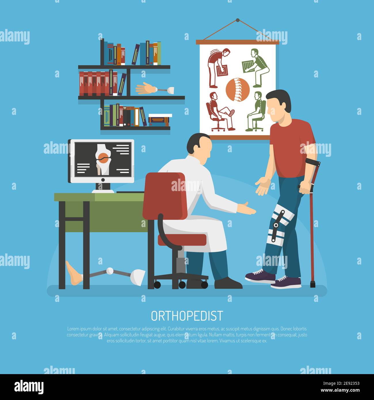 Orthopedics design concept with doctor in workplace examining patient ...