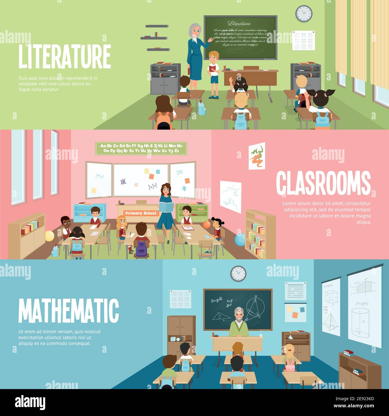 Horizontal banners with scenes in school classrooms on literature ...