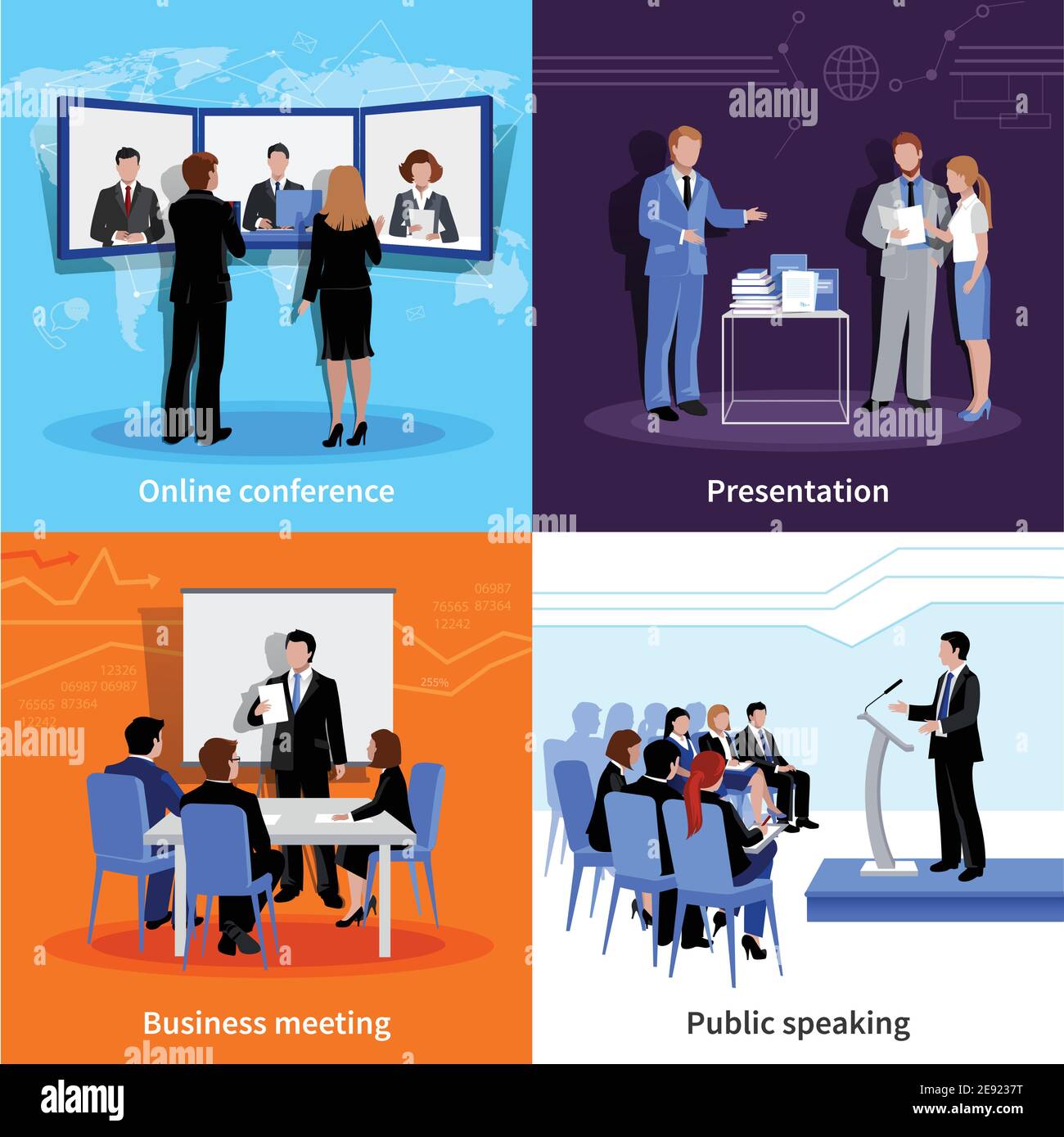 Public speaking 4 flat icons square composition banner with meeting and ...