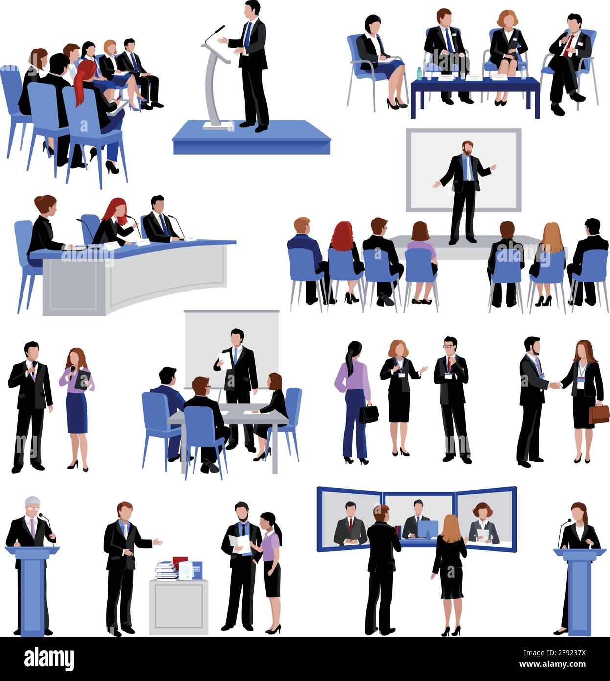 Public speaking people flat icons collection with conference meetings ...