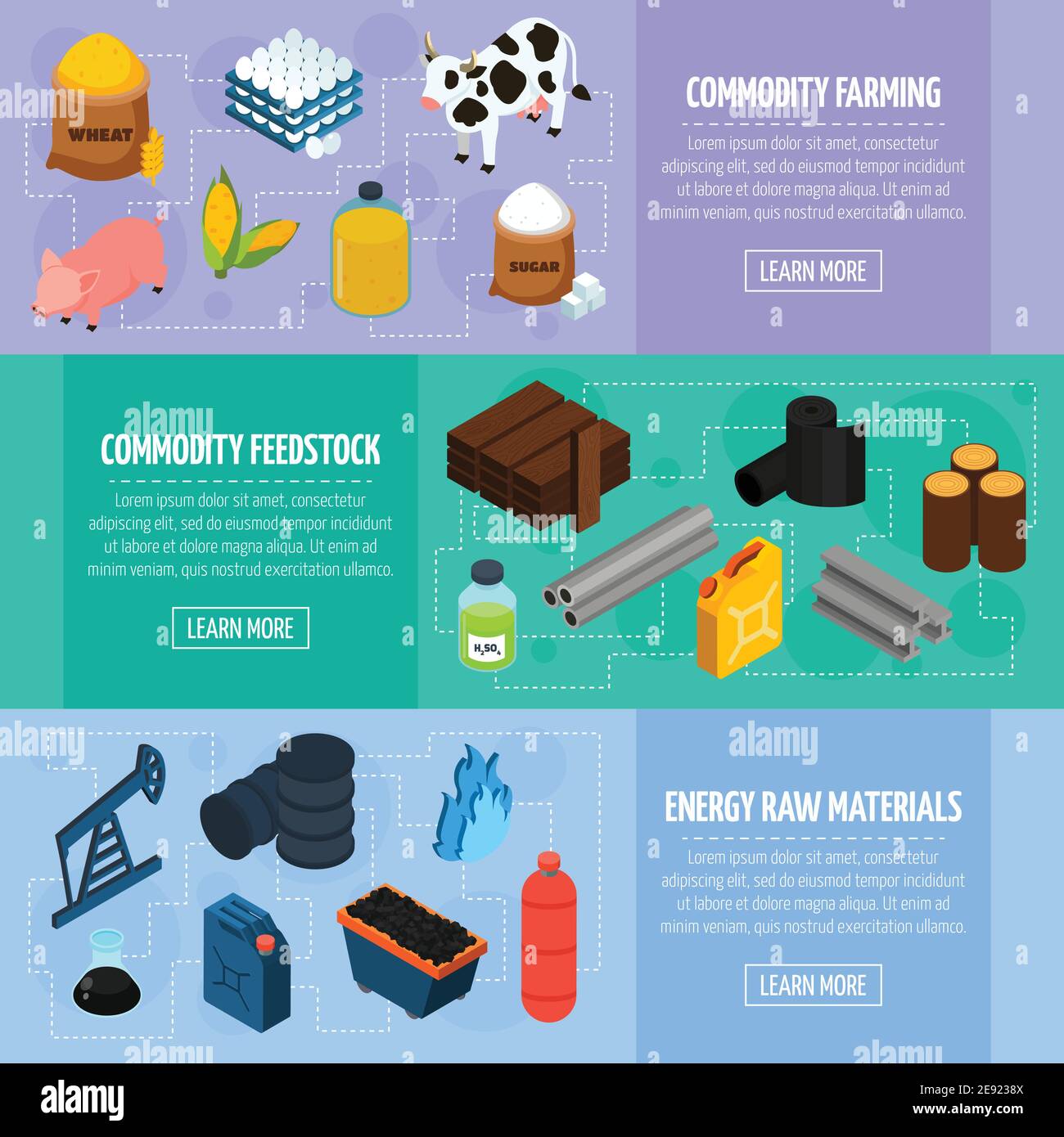 Commodity horizontal banners set with commodity feedstock symbols ...