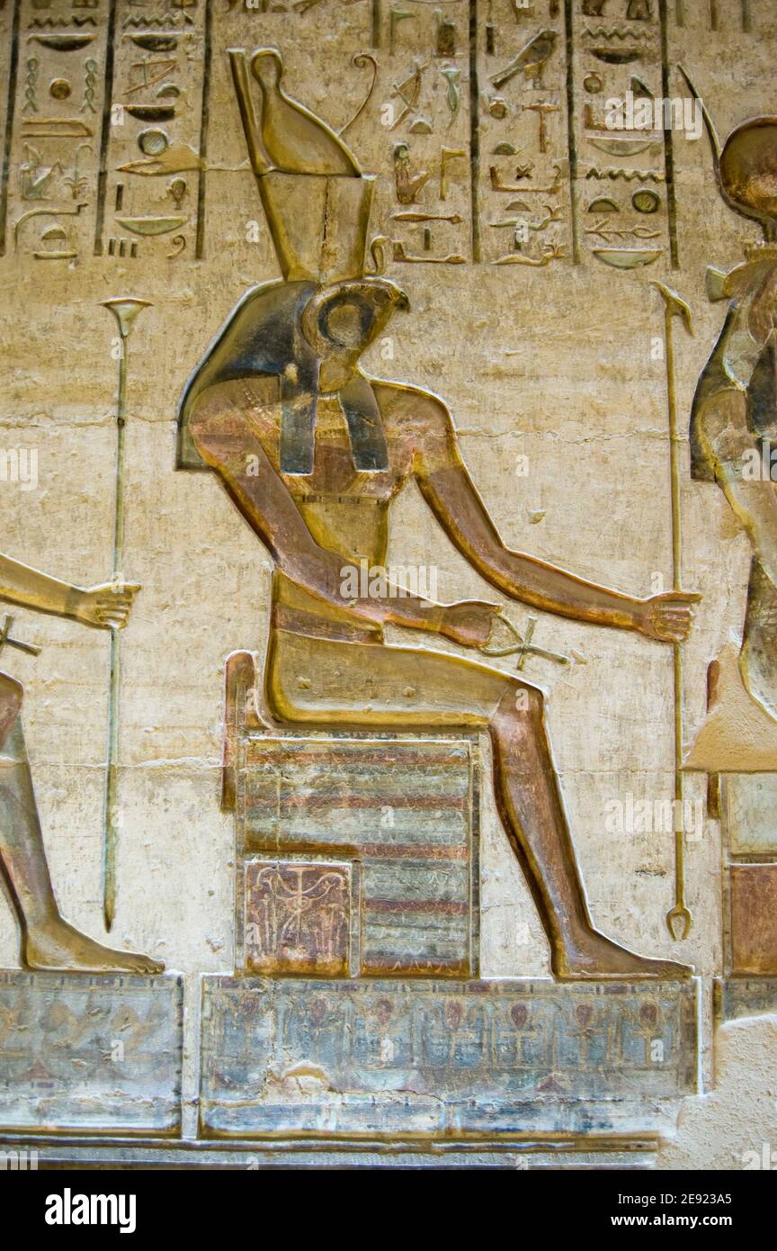 Ancient Egyptian bas relief carving on inner wall of Ptolemy Temple at ...