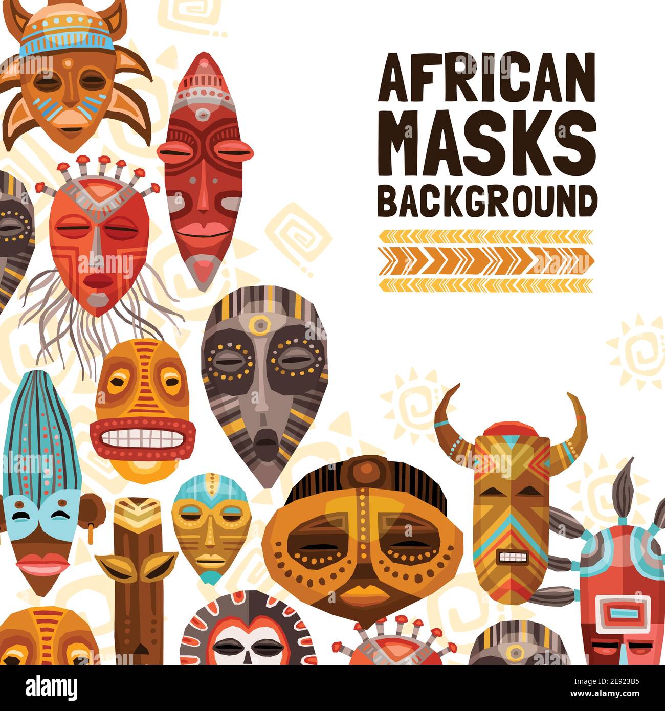 Flat background with colorful african ethnic tribal masks of different ...