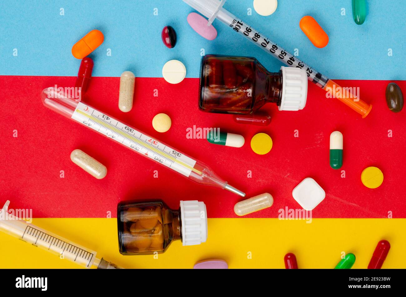 Disease and treatment. Medicine concept. Medication and packaging on ...