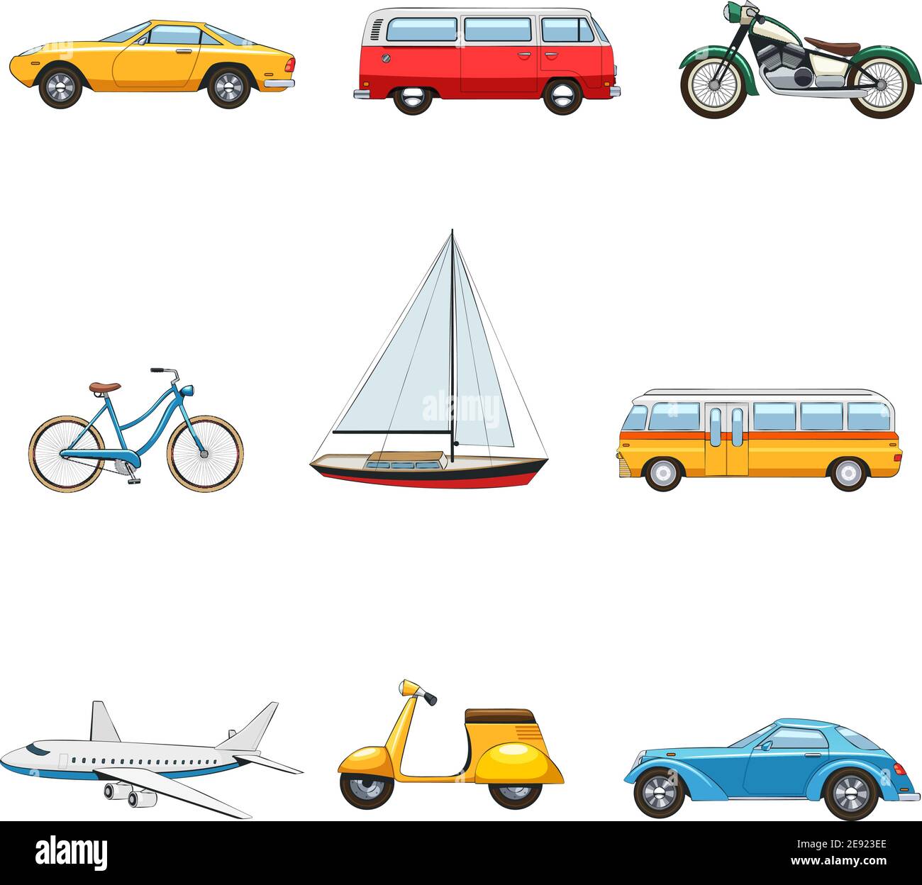 Comic flat transport images set of cars van motorcycle bicycle yacht ...