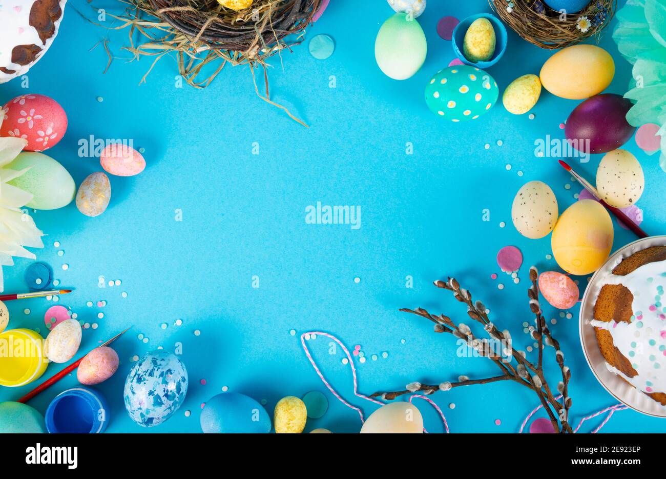 Colorful background with Easter eggs on blue background. Happy Easter ...