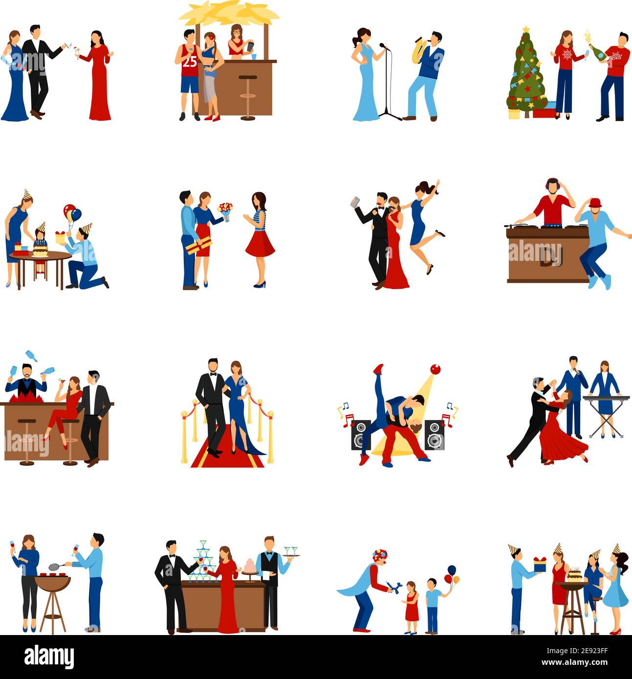 Flat style icons set of partying people like celebration meeting ...