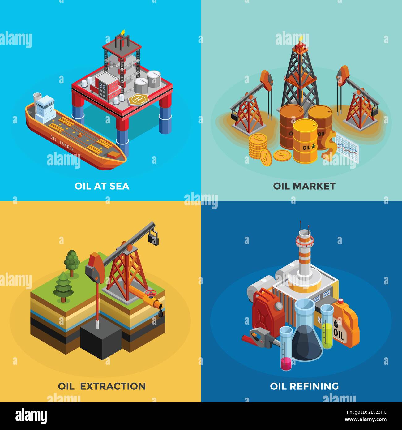 Oil industry 4 isometric icons square poster with sea platform refinery ...