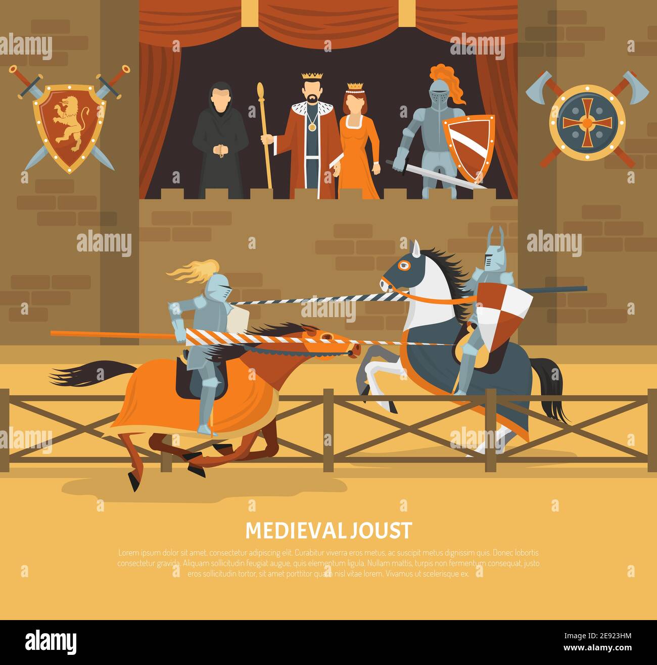 Medieval joust vector illustration with knights in armor on horseback and audience of royal ...