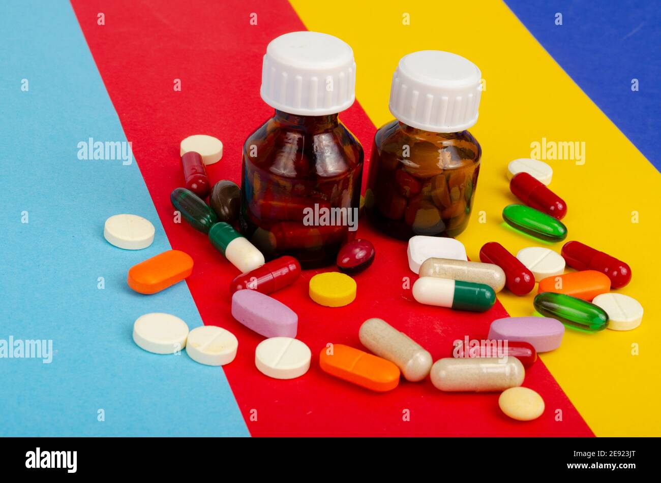 Disease and treatment. Medicine concept. Medication and packaging on ...