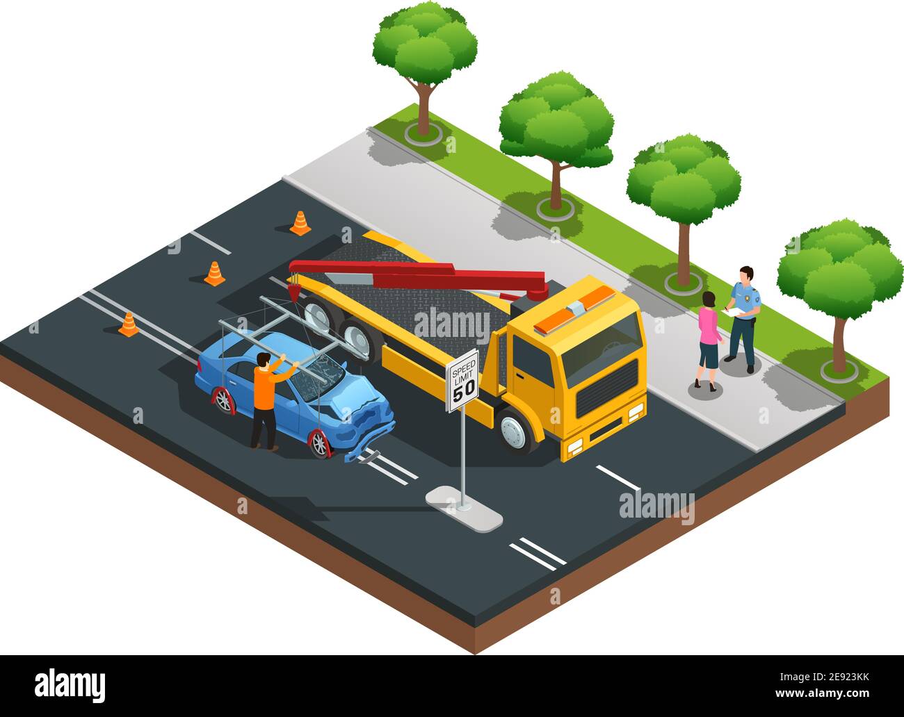 Road accident isometric composition with damaged car evacuator drivers ... Road accident isometric composition with damaged car evacuator drivers ...