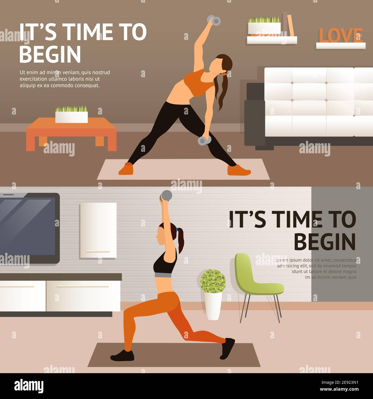 Woman home fitness workout horizontal banner set isolated vector ...