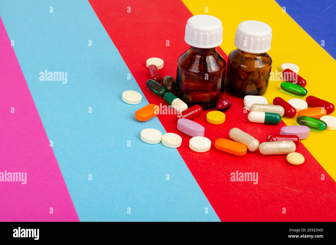 Disease and treatment. Medicine concept. Medication and packaging on ...