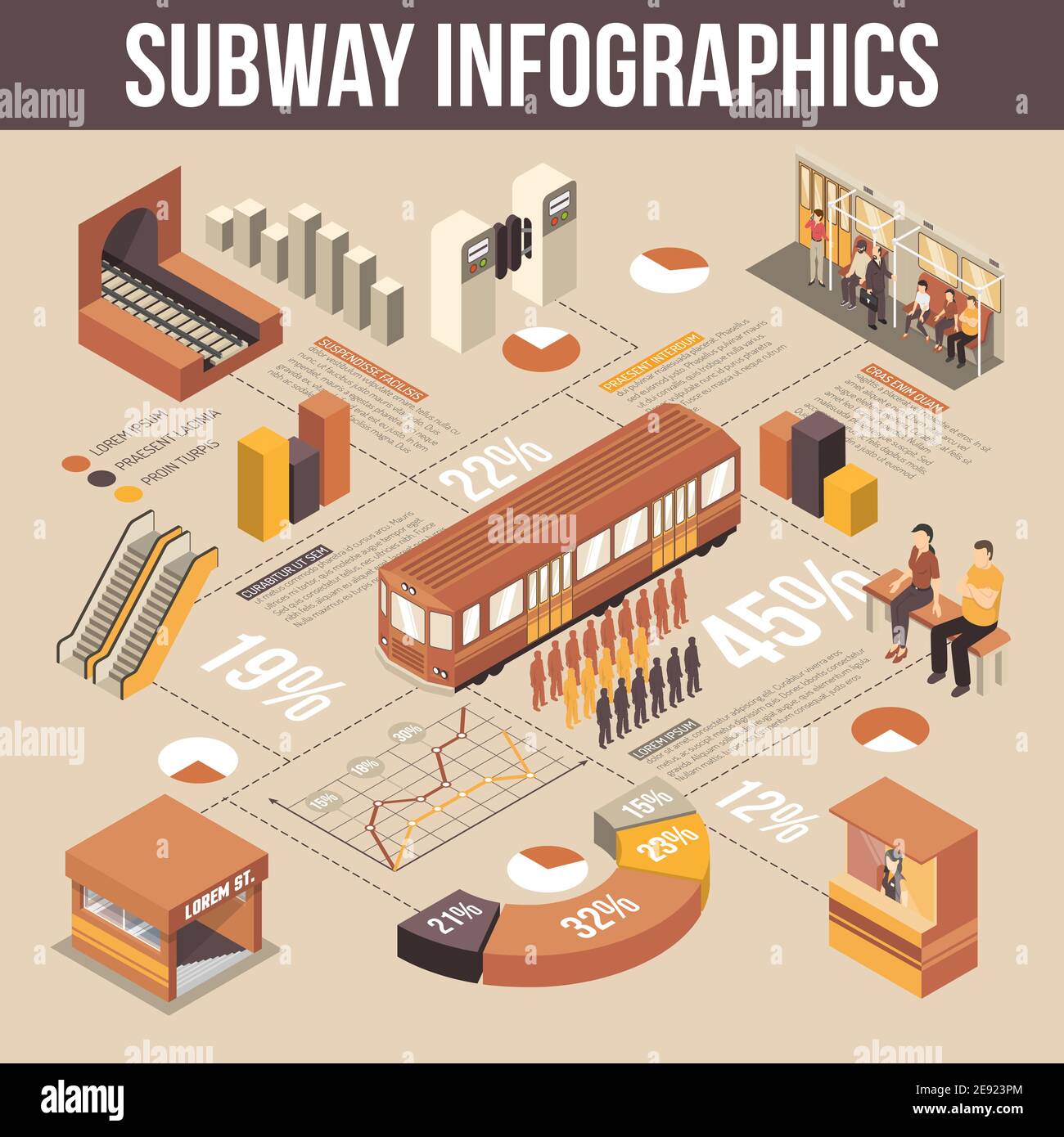 Subway isometric infographics elements with tunnel turnstiles escalator ...