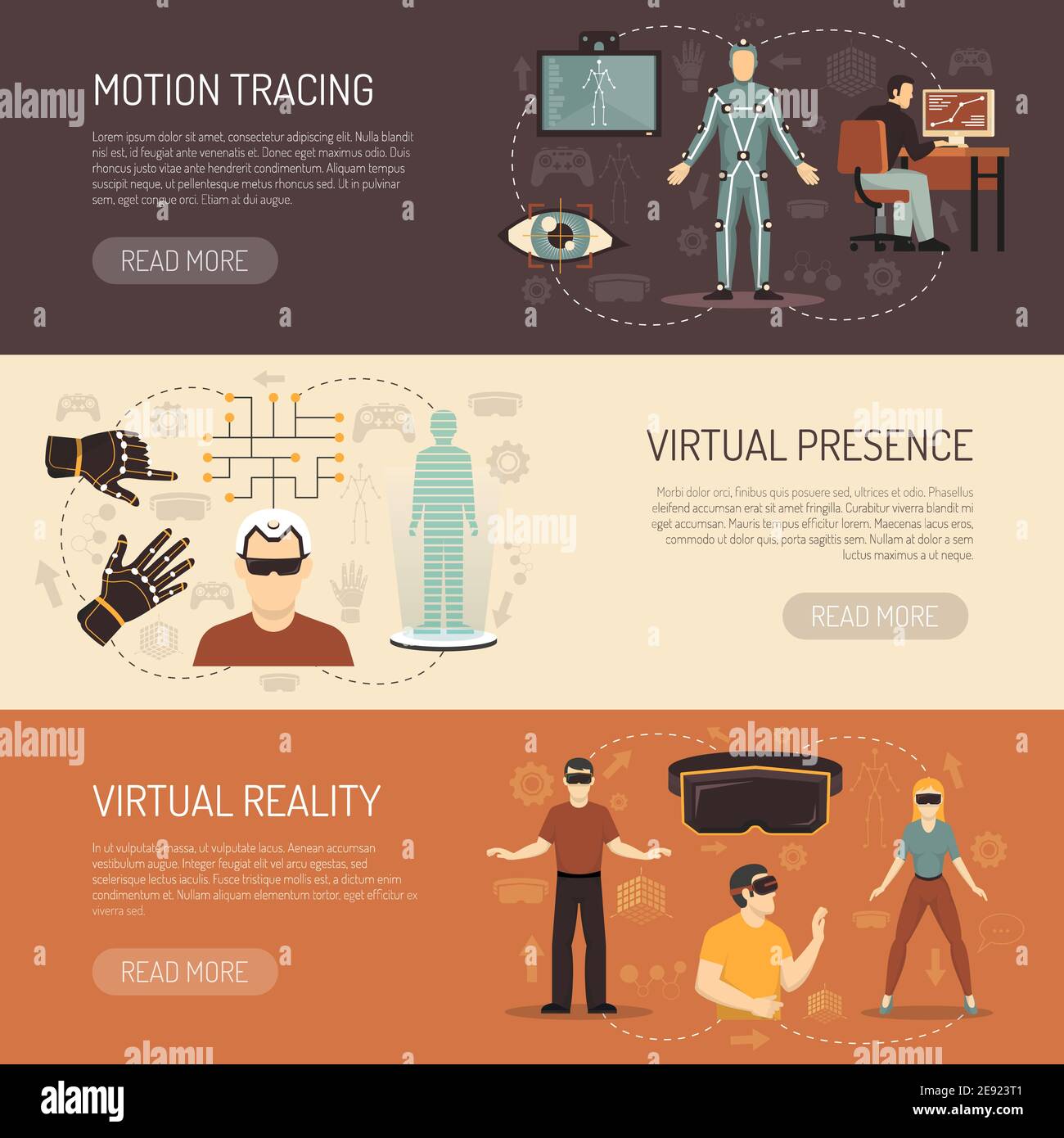 Virtual reality horizontal banners with gamers and devices for motion ...
