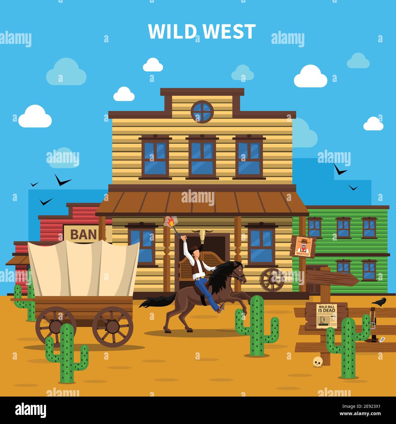 Cowboy concept with man on horse and saloon building on background ...