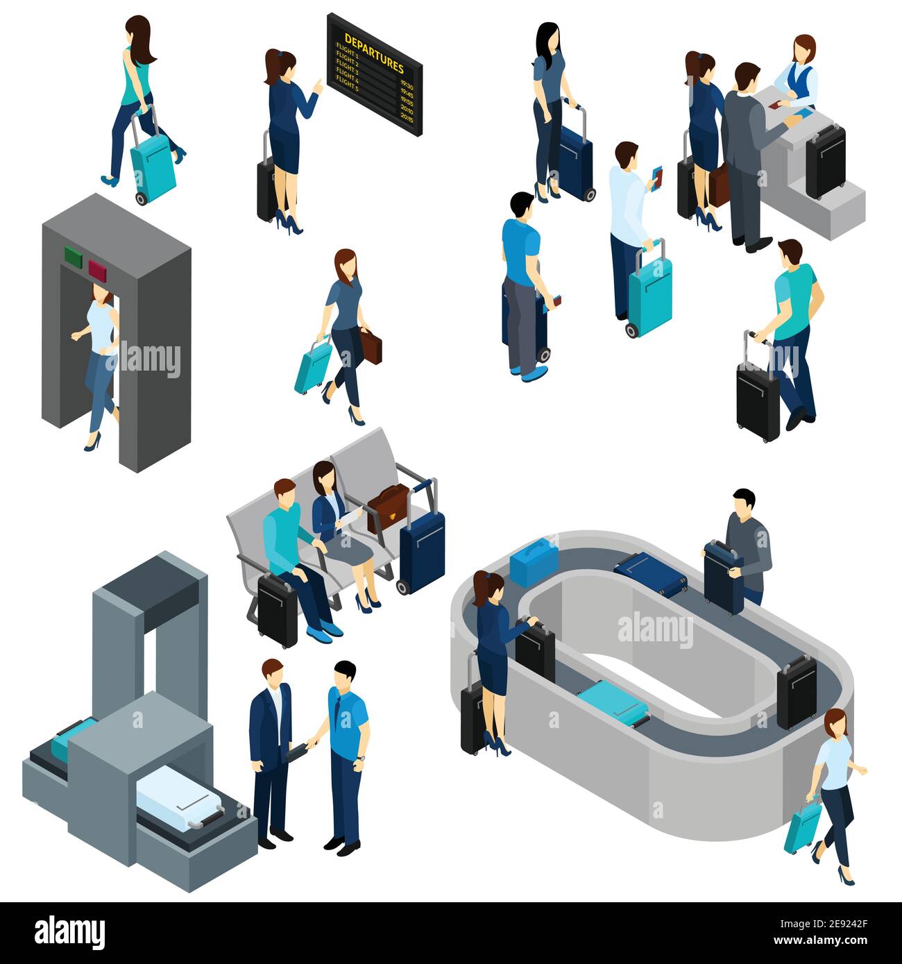 People in airport lounge and on security check isometric vector ...