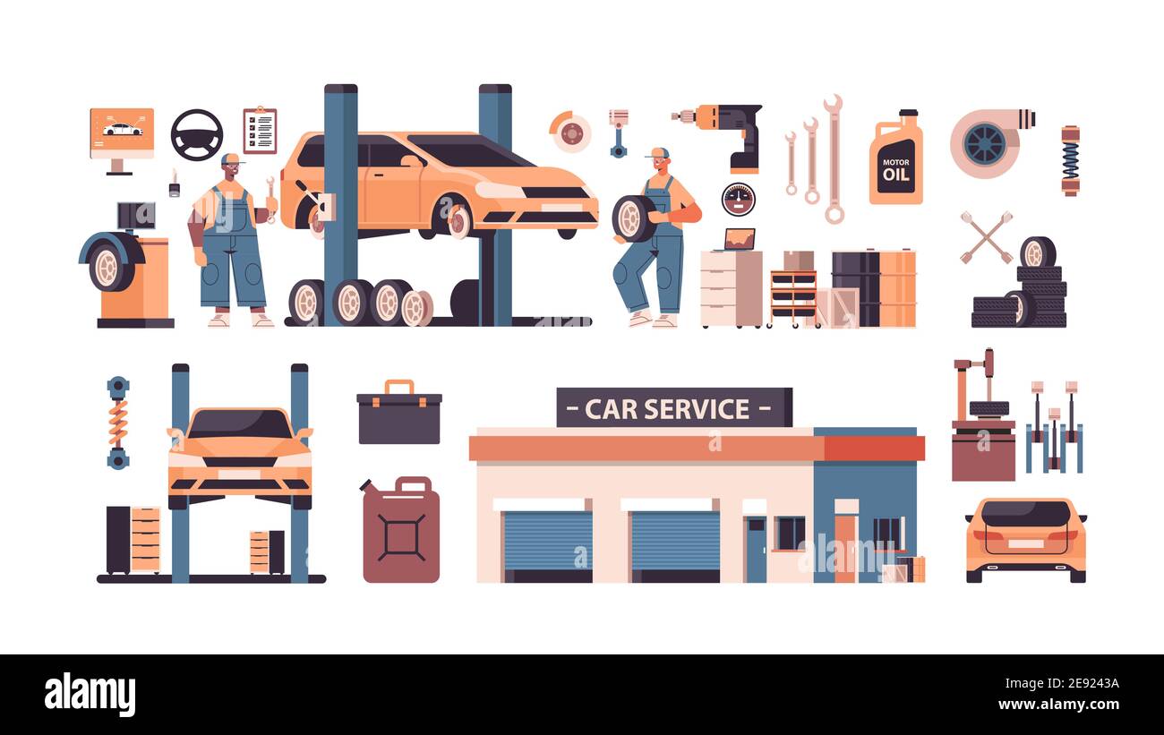 set car service elements collection automobile check up maintenance ...