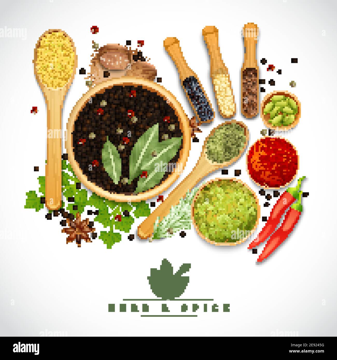 Poster of different cooking herbs and spices in wooden dish on white ...