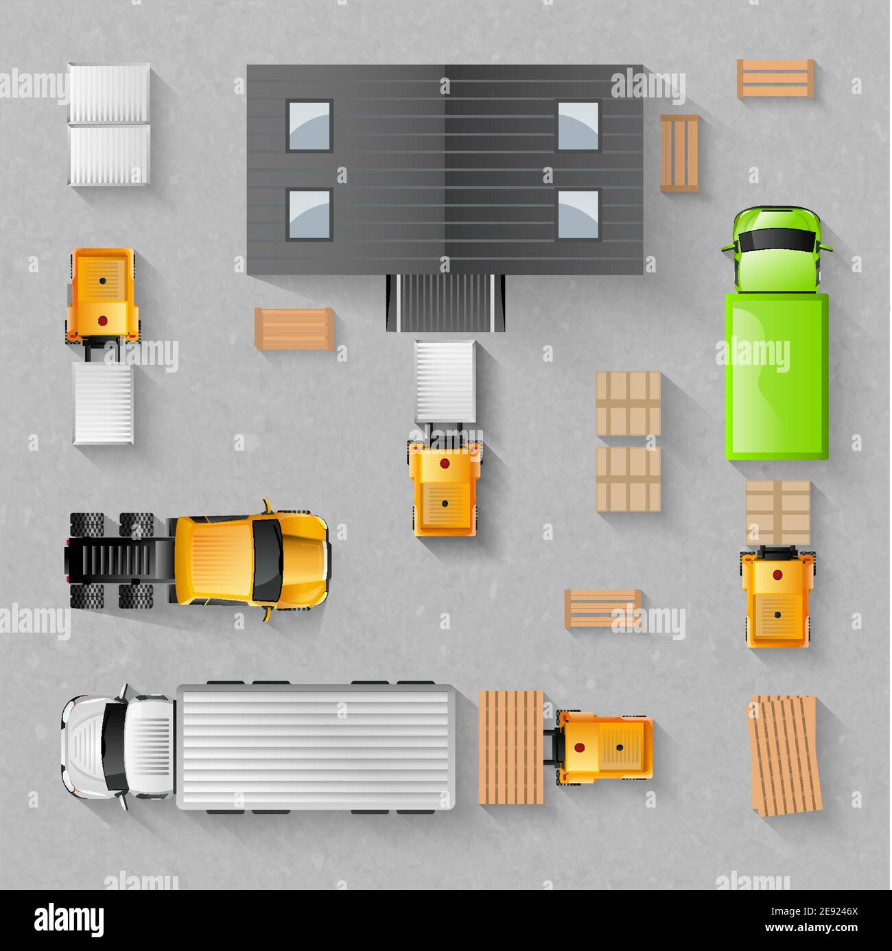 Warehouse concept with top view trucks and buildings isolated vector ...