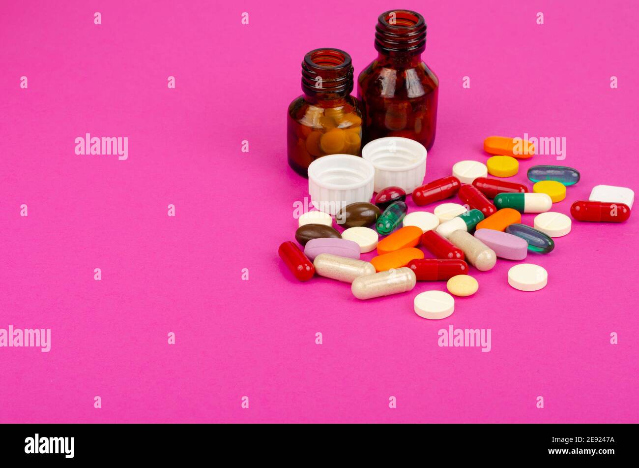 Disease and treatment. Medicine concept. Medication and packaging on ...