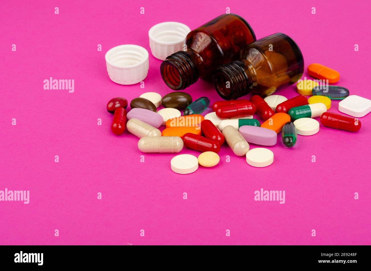 Disease and treatment. Medicine concept. Medication and packaging on ...
