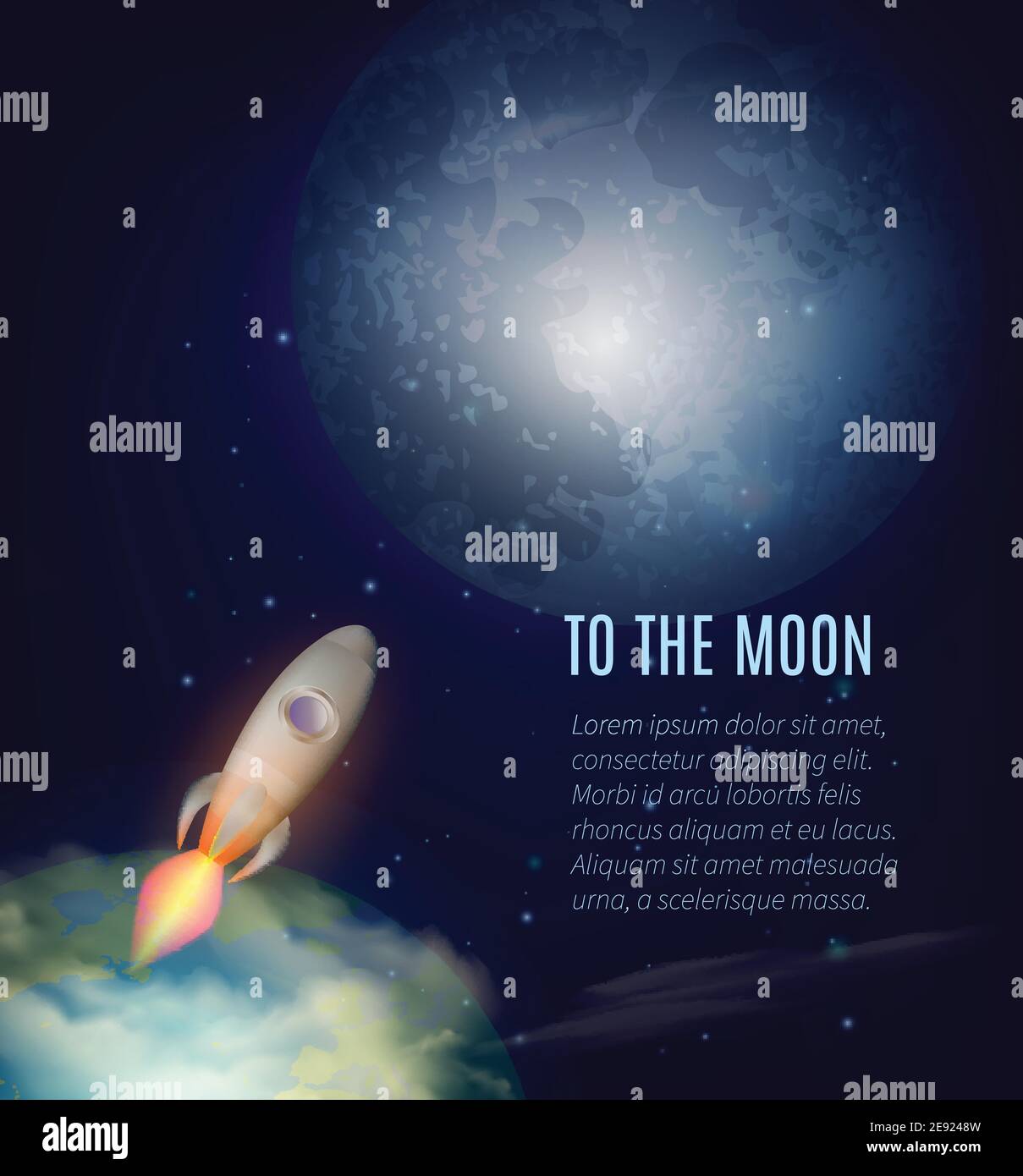 Moon exploration poster with Earth spaceship and outer space cartoon ...