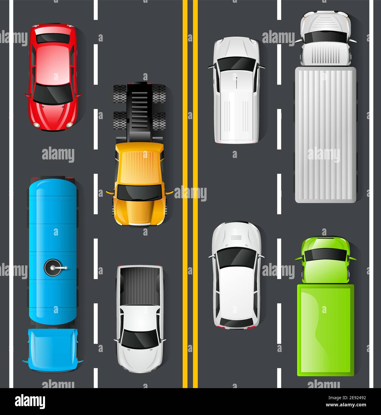 Highway traffic concept with top view cars and trucks on asphalt road ...